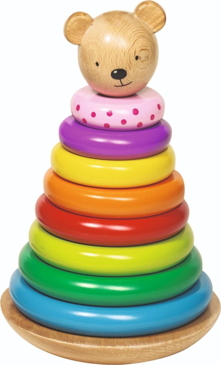 Goki Stacking Bear Wobble Tower | Wooden Rainbow Ring Stacker